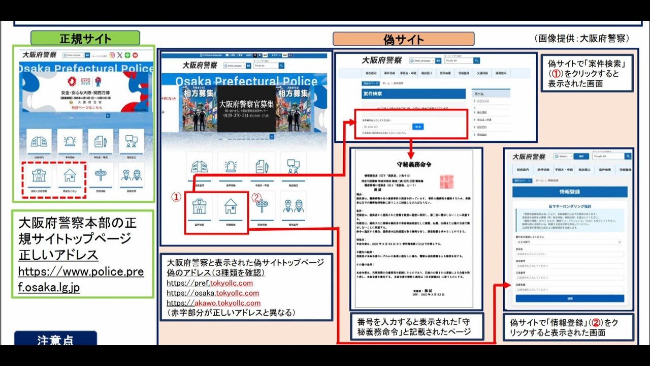 警視庁の“偽サイト”に続き…大阪府警本部の“偽サイト”も複数見つかる 巧妙に偽装し口座情報を入力させる新たな詐欺「外国人が関与している可能性もある」｜FNNプライムオンライン