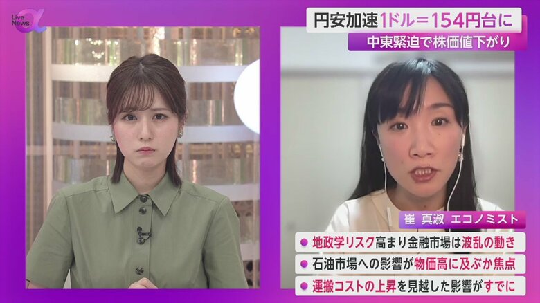 再び円安加速“154円台”突入 中東緊迫で株価値下がり…石油価格の上昇でさらなる物価高の可能性も｜FNNプライムオンライン