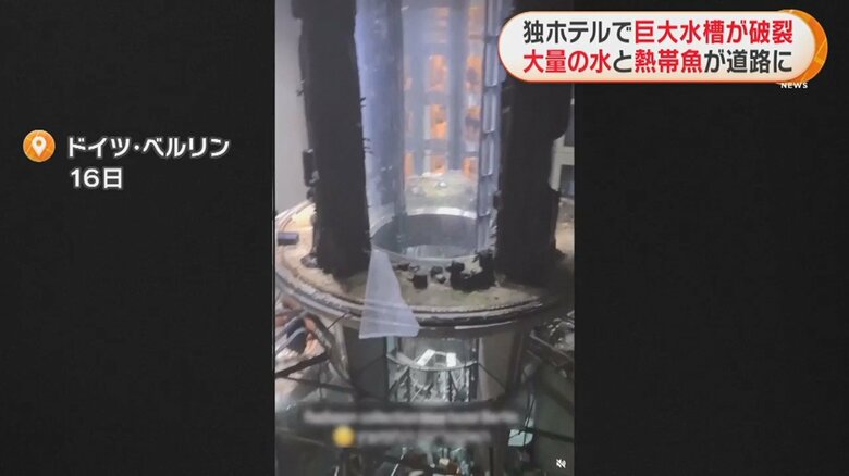 ホテルロビーで高さ16mの巨大水槽が破裂、水1000トンと熱帯魚1500匹が流出 宿泊客は避難 2人けが ドイツ・ベルリン｜FNNプライムオンライン