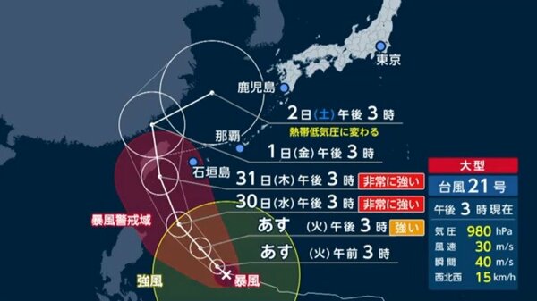 【台風情報】台風21号が最大瞬間風速70m/sで沖縄接近…3連休前半は広く“横殴りの雨”に？秋ならでは“突然の大荒れ”に注意！｜FNNプライムオンライン