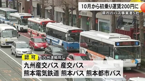 県内のバス事業者5社 10月1日から初乗り運賃は現行の180円から200円に【熊本】｜FNNプライムオンライン