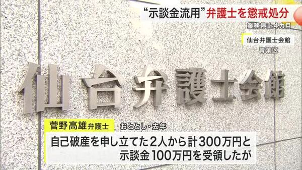 依頼者の示談金400万円流用 登米市の弁護士を業務停止4カ月の懲戒処分〈宮城〉｜FNNプライムオンライン