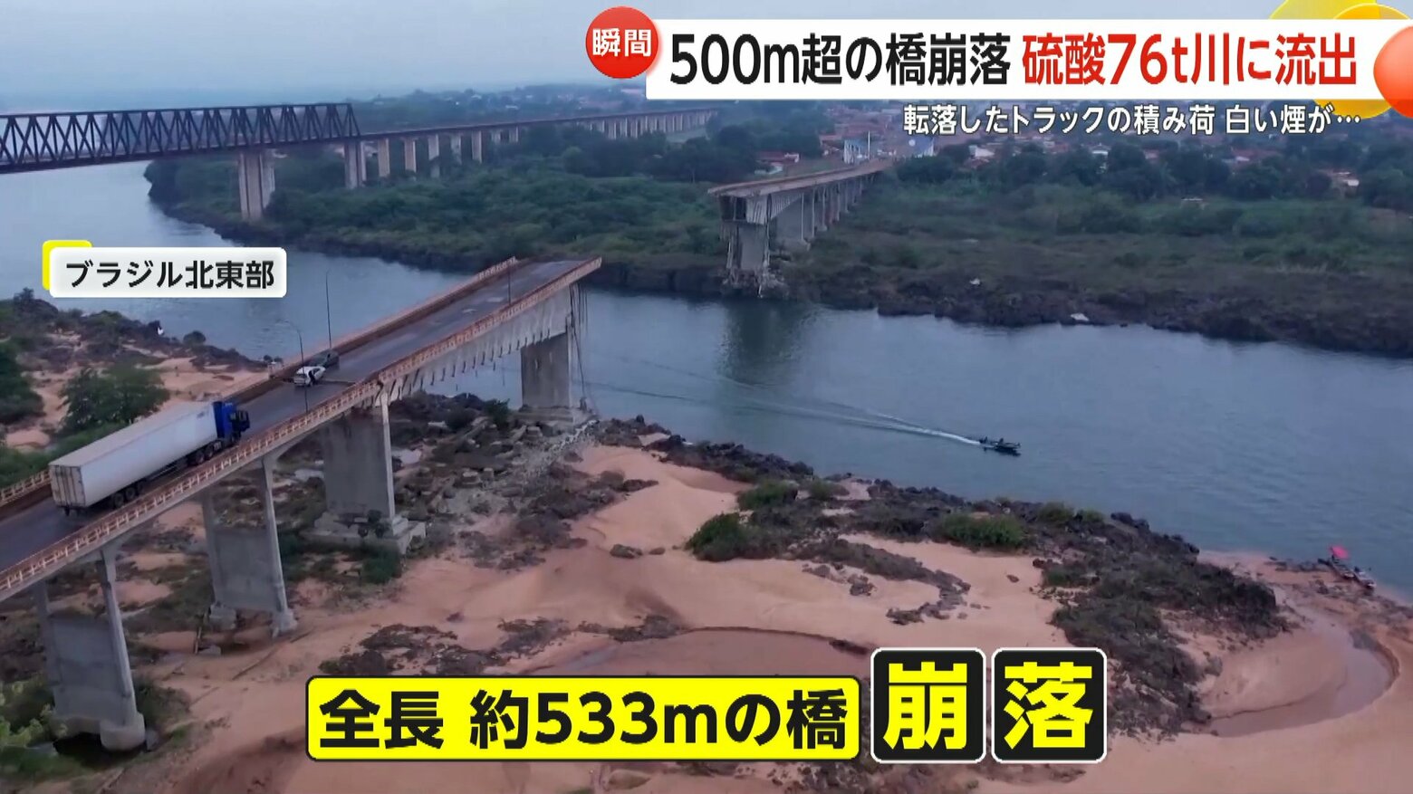 硫酸76トンがトラックから川に…1960年代に建設された500m超の橋が崩落し転落 少なくとも4人死亡10人以上が行方不明に ブラジル｜FNNプライムオンライン