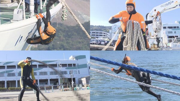 記者も“リベンジ”で体験リポート…海難事故に備え海保や消防の潜水士らが訓練 3m程のロープよじ登り等｜FNNプライムオンライン