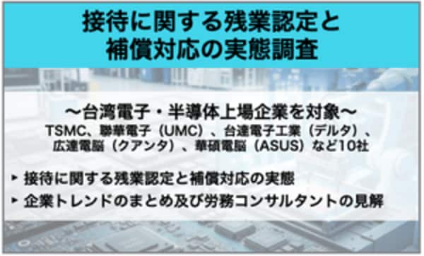 【台湾調査】半導体大手でも接待は“残業扱い”？ 「台湾電子・半導体上場企業10社における接待に関する残業認定と補償対応の実態調査レポート」結果発表