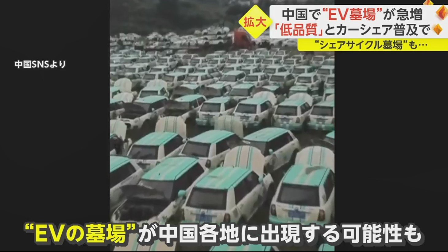 中国で“EV墓場”が急増 カーシェア競争激化により「持て余した企業が勝手に放置」か…“シェアサイクル墓場”も｜FNNプライムオンライン