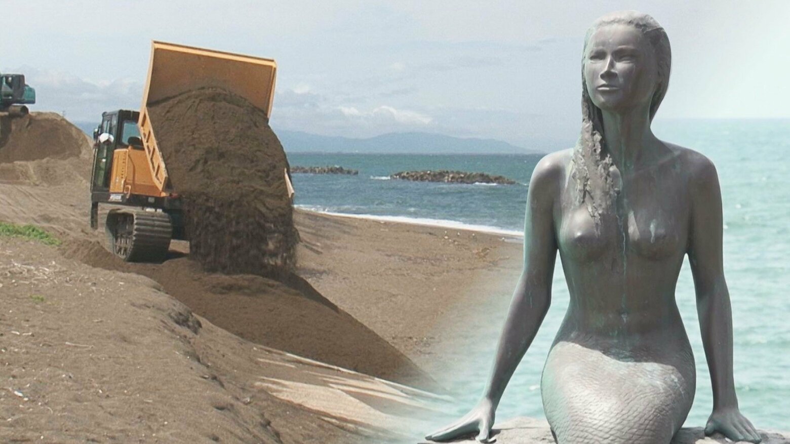 “消えた砂浜”…海開きに間に合うか！？約4000トンの砂で復元へ！海水浴場のシンボル“人魚像”も仮設【新潟発】｜FNNプライムオンライン