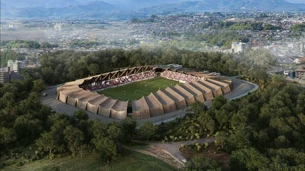 日本初・完全木造のスタジアム 福島ユナイテッドFCが新スタジアム構想発表 2026－27シーズンからの新エンブレムもお披露目【福島発】｜FNNプライムオンライン